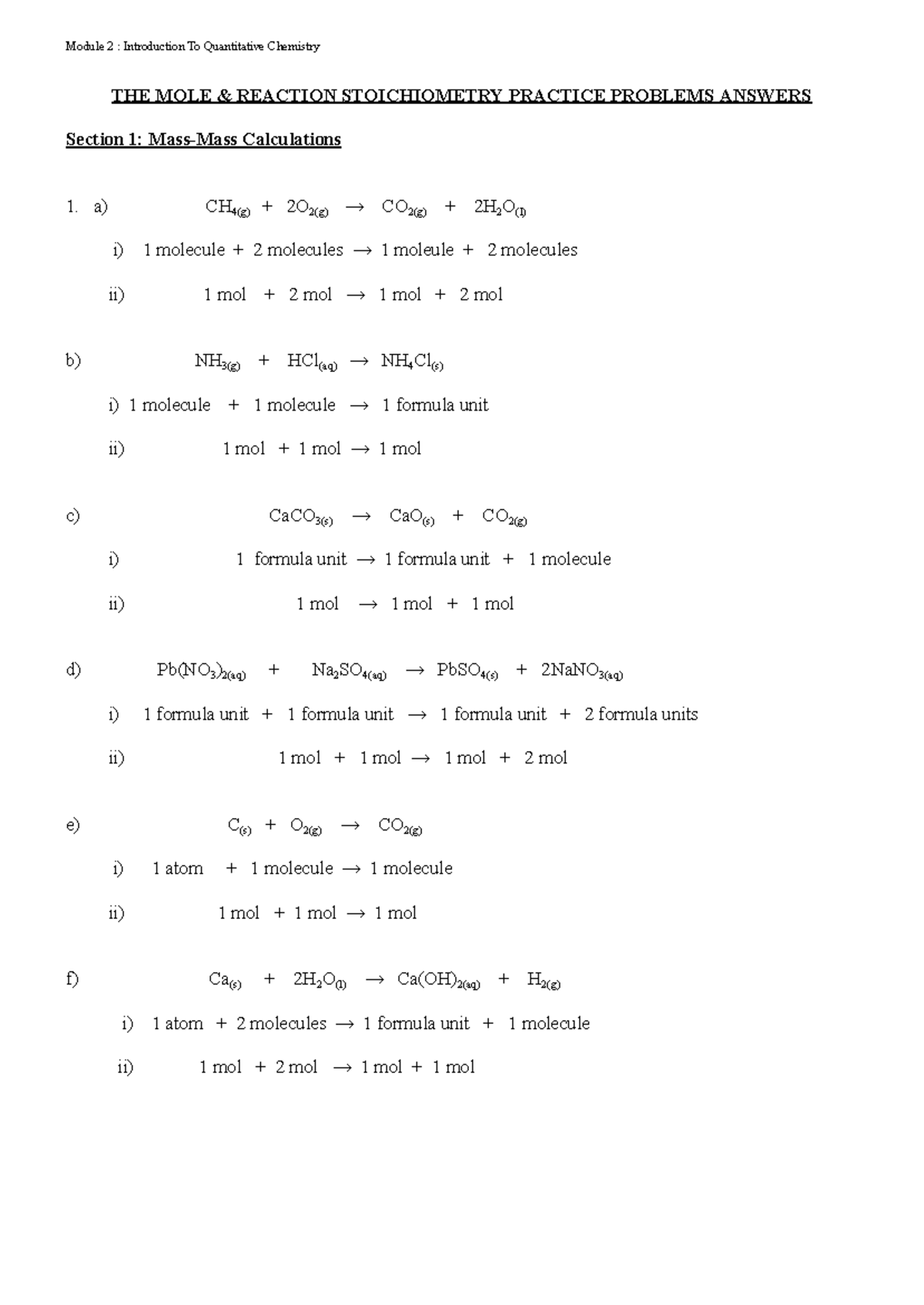 WS CHEM 101: Mole & Reaction Stoichiometry Practice Problems Answers - Studocu