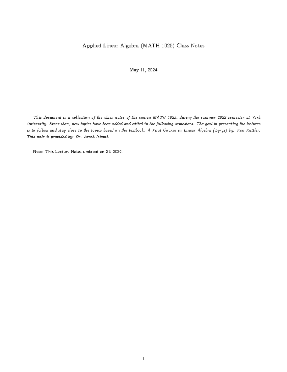MATH 1025 Lecture Notes: Applied Linear Algebra Insights - Studocu