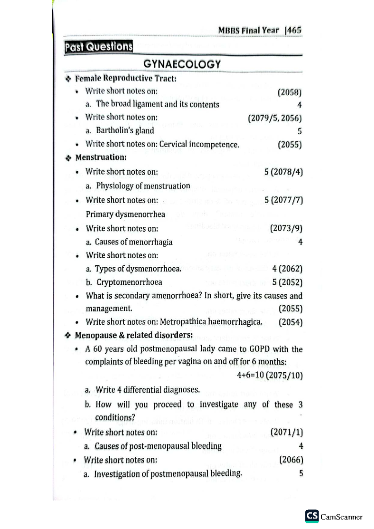 MBBS Final Year Gynaecology Past Questions and Notes (OBGYN) - Studocu