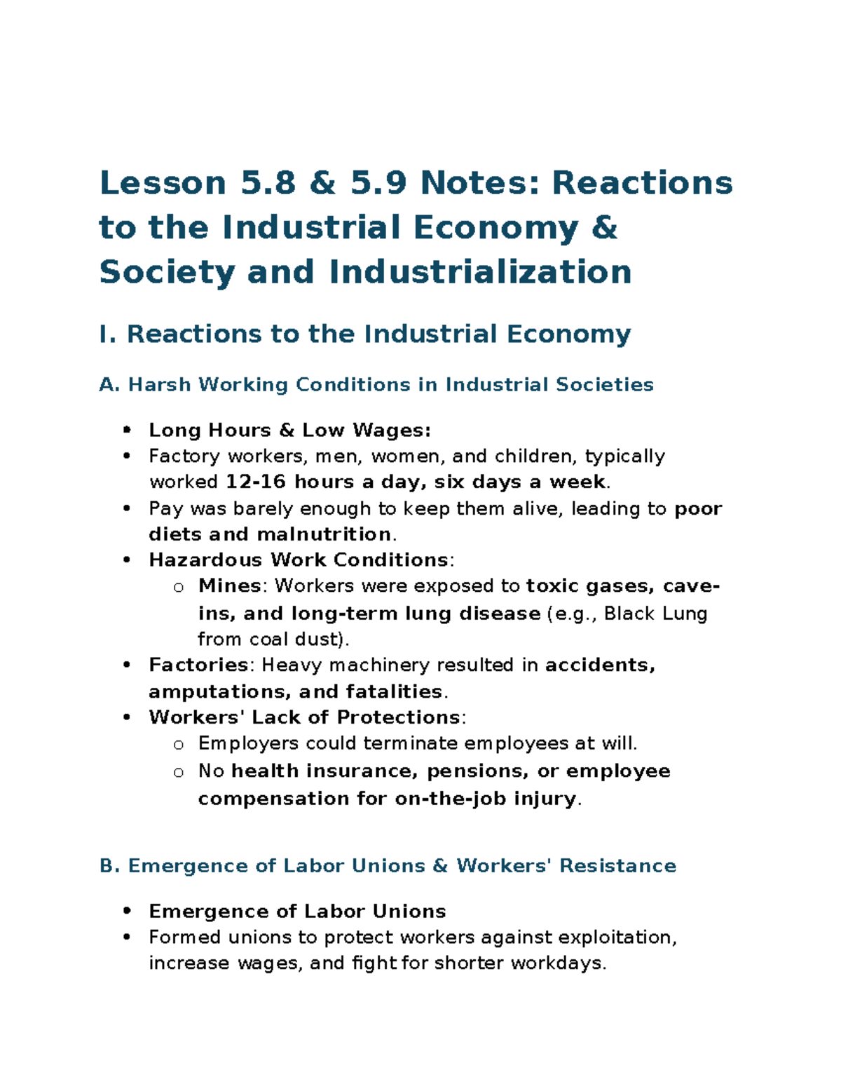 Notes for class - Lesson 5 & 5 Notes: Reactions to the Industrial ...