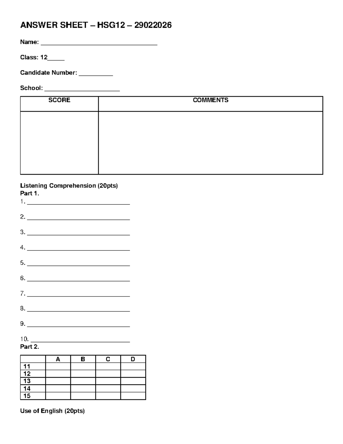 HSG12 Listening & Use of English Answer Sheet - 29022026 - Studocu