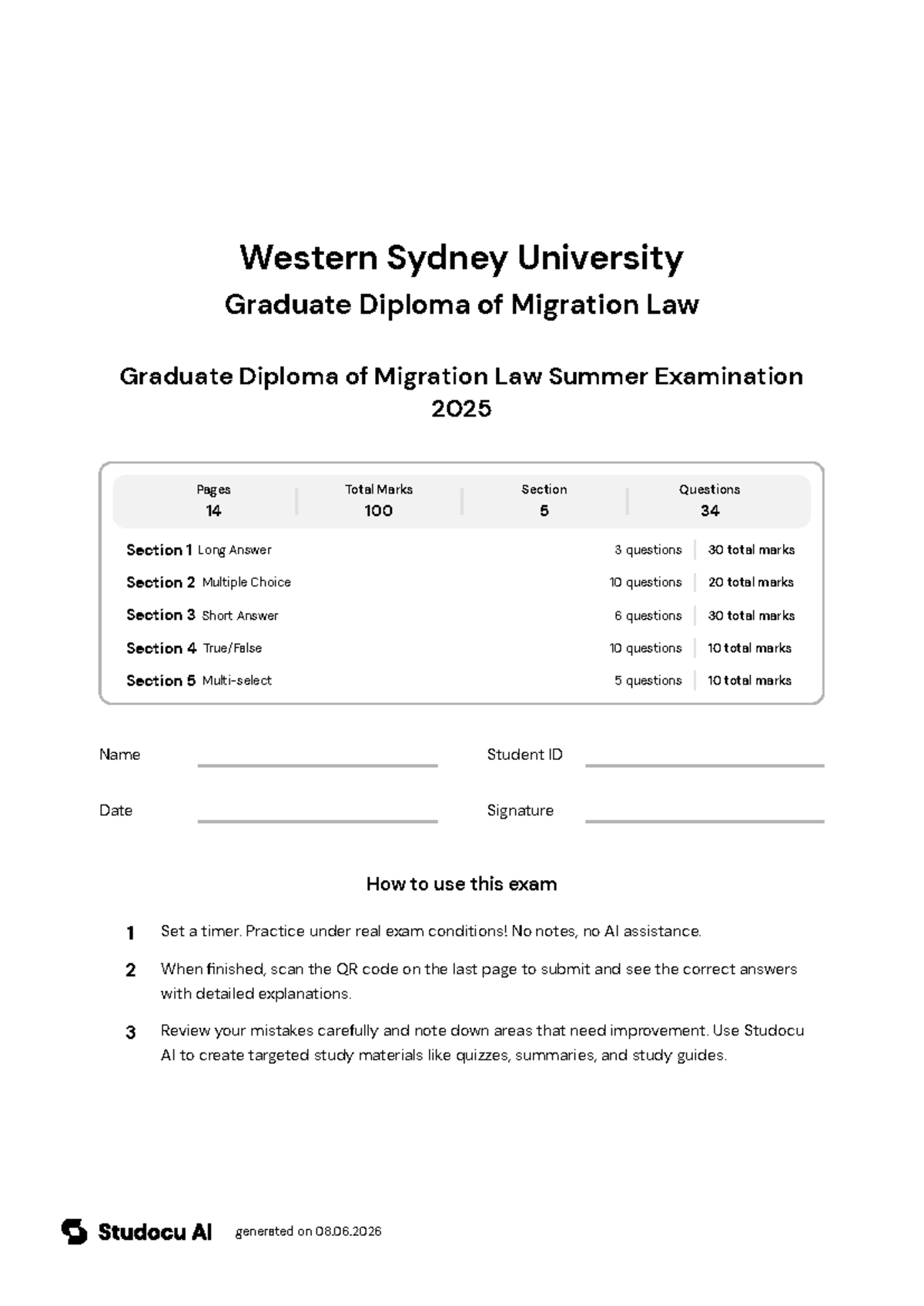Graduate Diploma of Migration Law Summer Exam 2025 - Studocu
