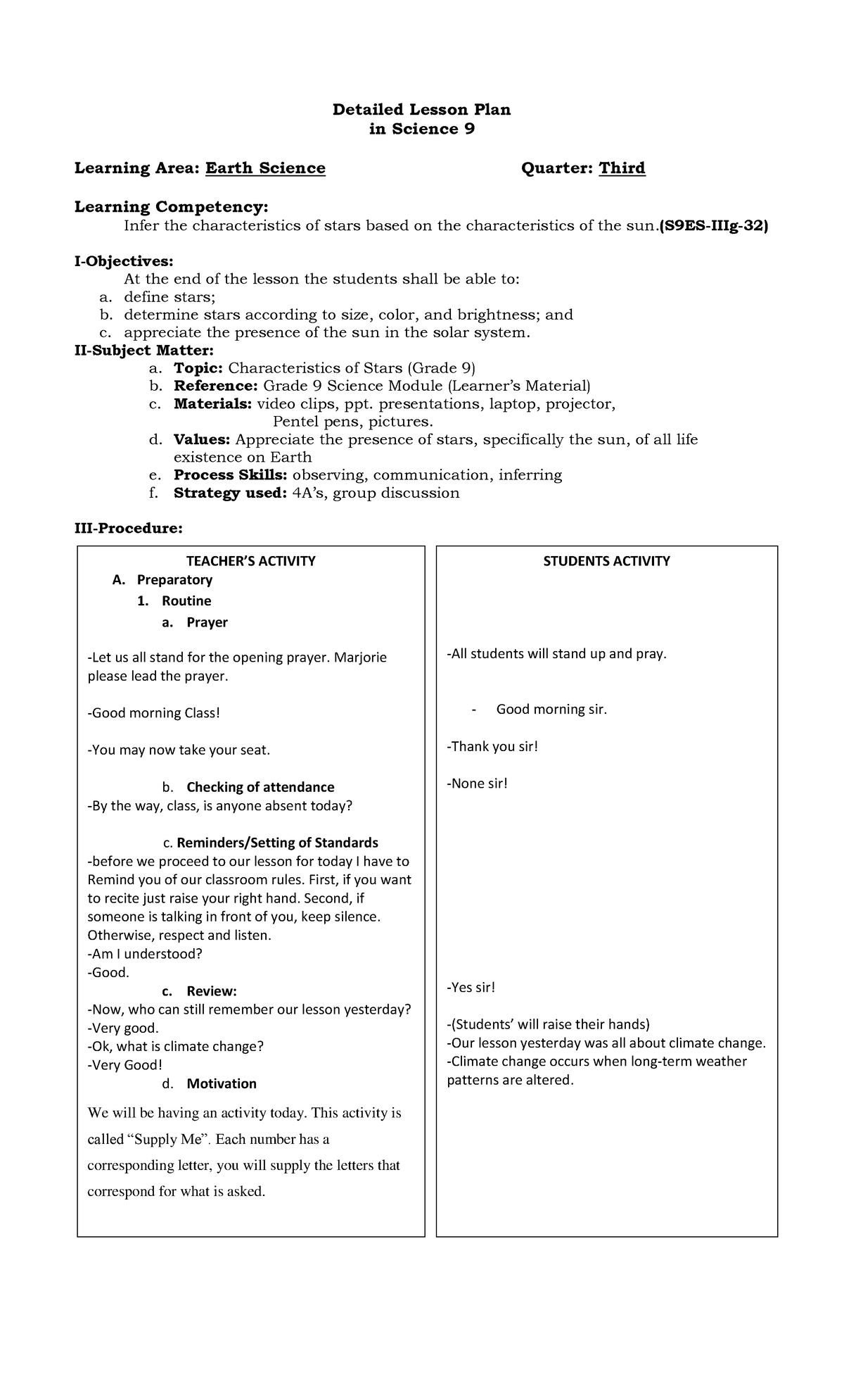Detailed Lesson Plan: Characteristics of Stars in Science 9 - Studocu