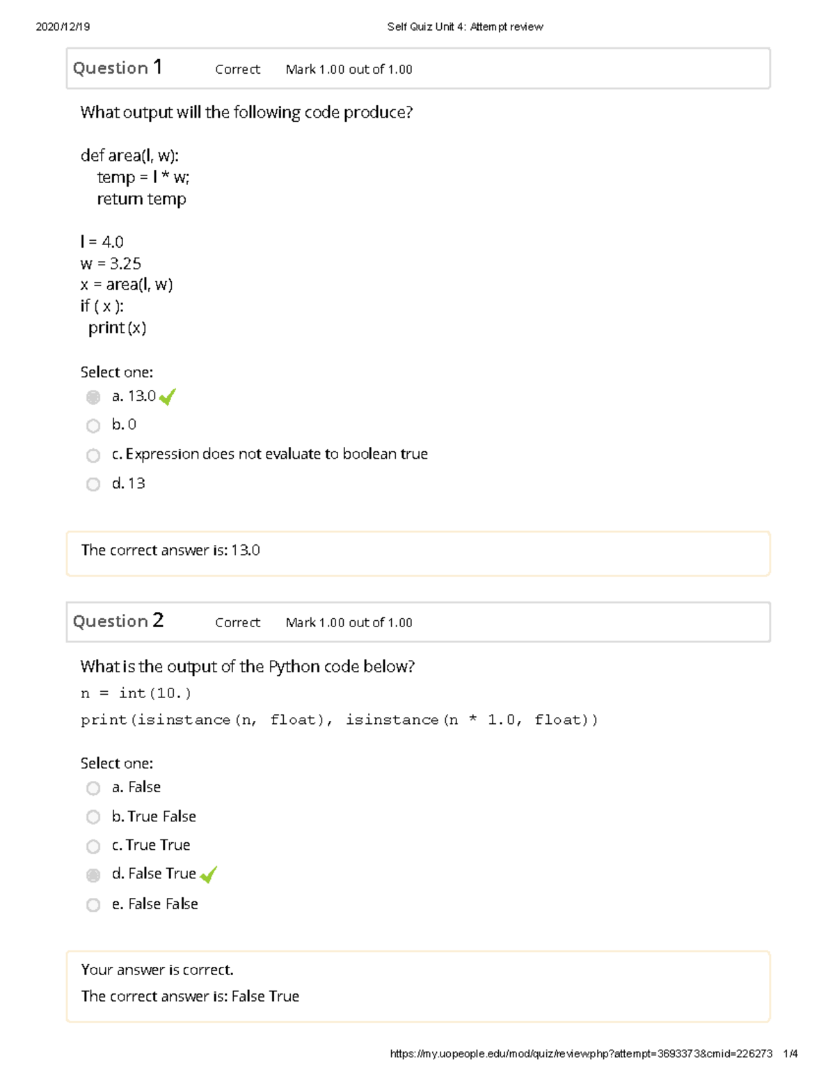 Self Quiz Unit 4 Attempt Review 6 Question 1 Correct Mark 1 Out Of 1 What Output Will The
