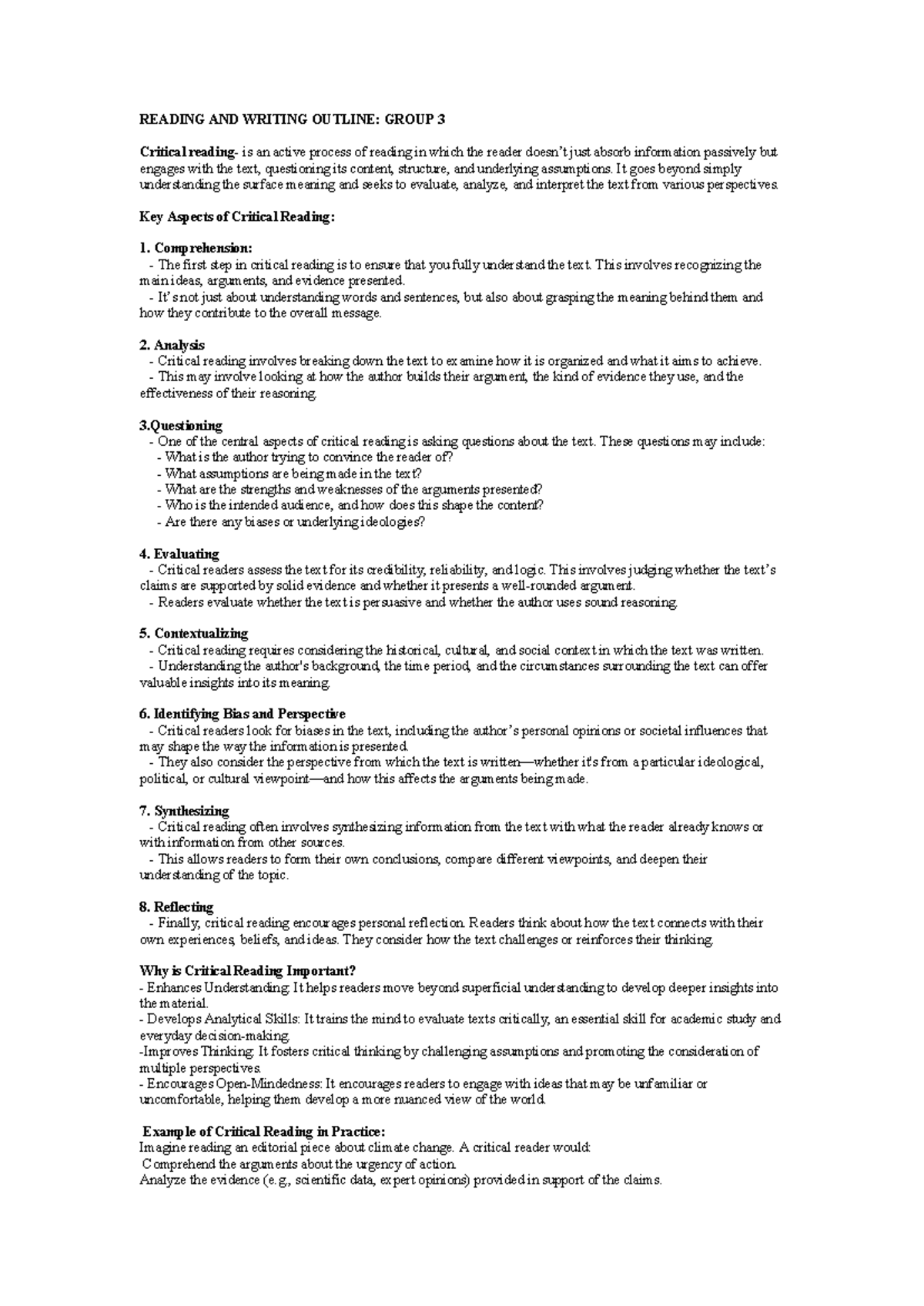 Critical Reading and Writing Strategies: Group 3 Overview - Studocu