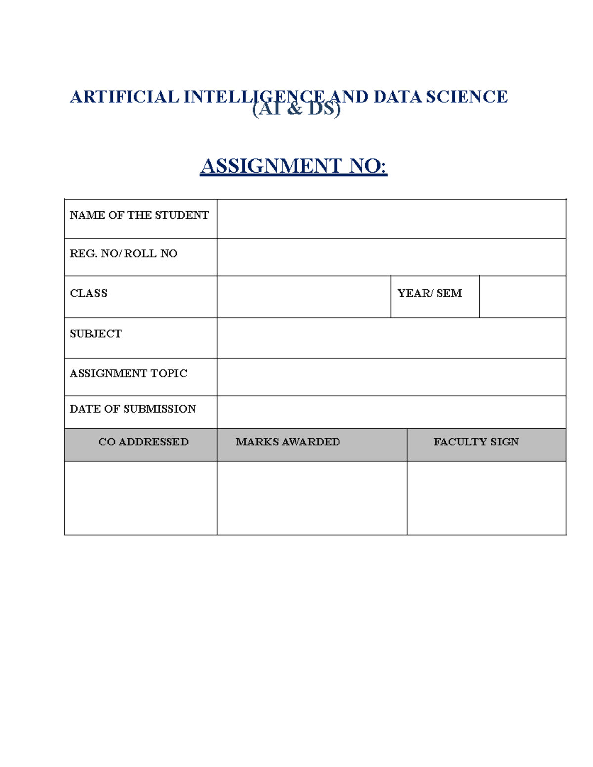 Assignment front sheet - Artificial Intelligence and Data Science AI ...