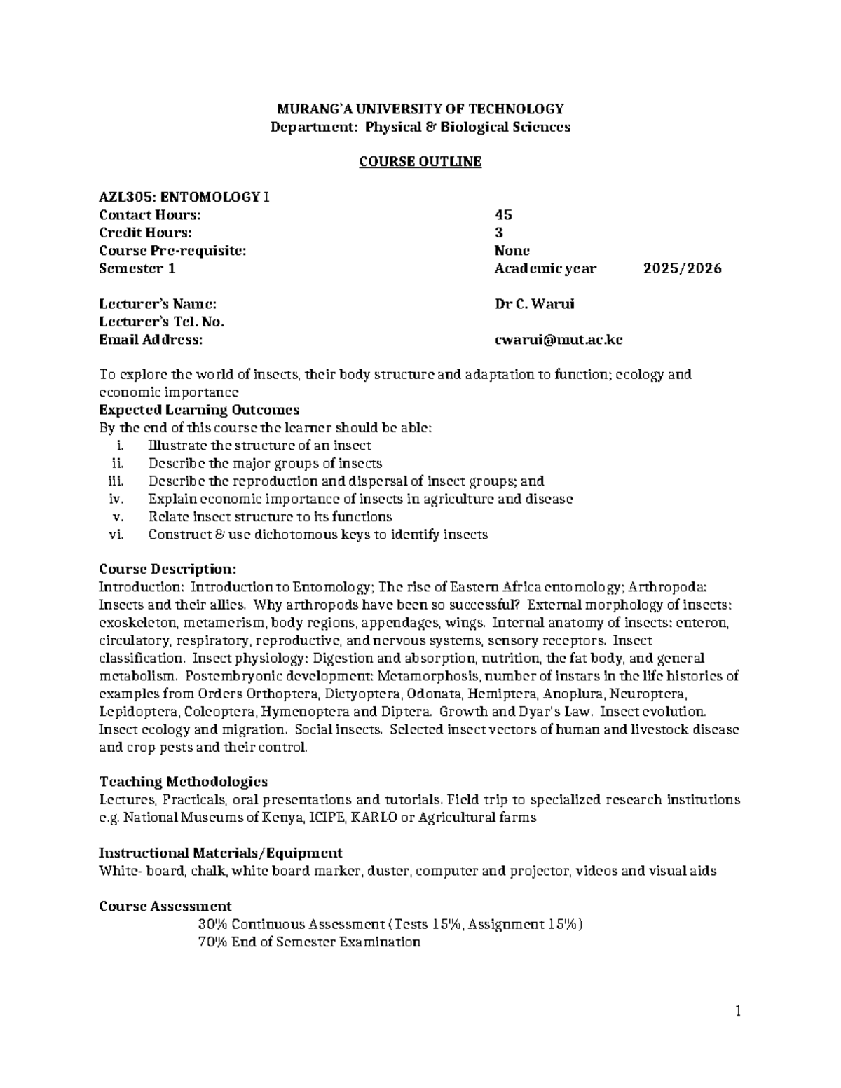 AZL305: Entomology I - Course Outline and Learning Outcomes - Studocu