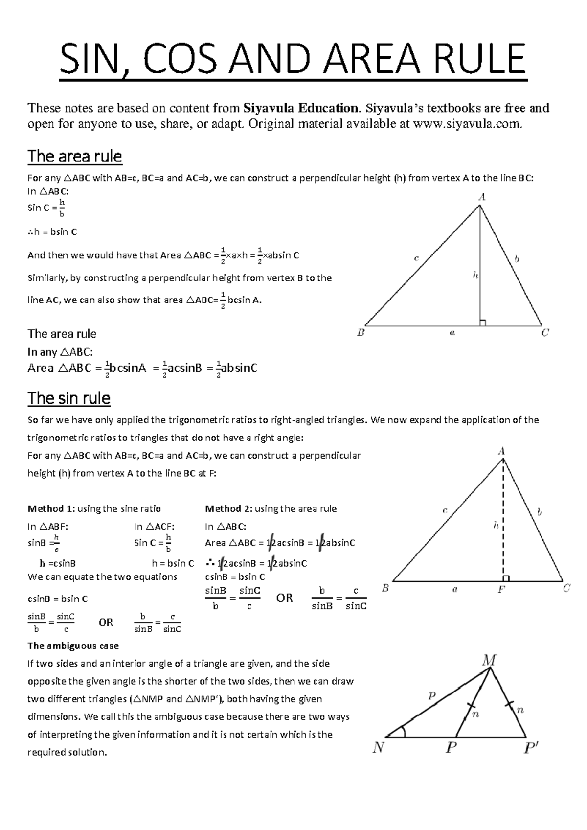 Trigonometry: SIN, COS & Area Rule Notes for Study - Studocu
