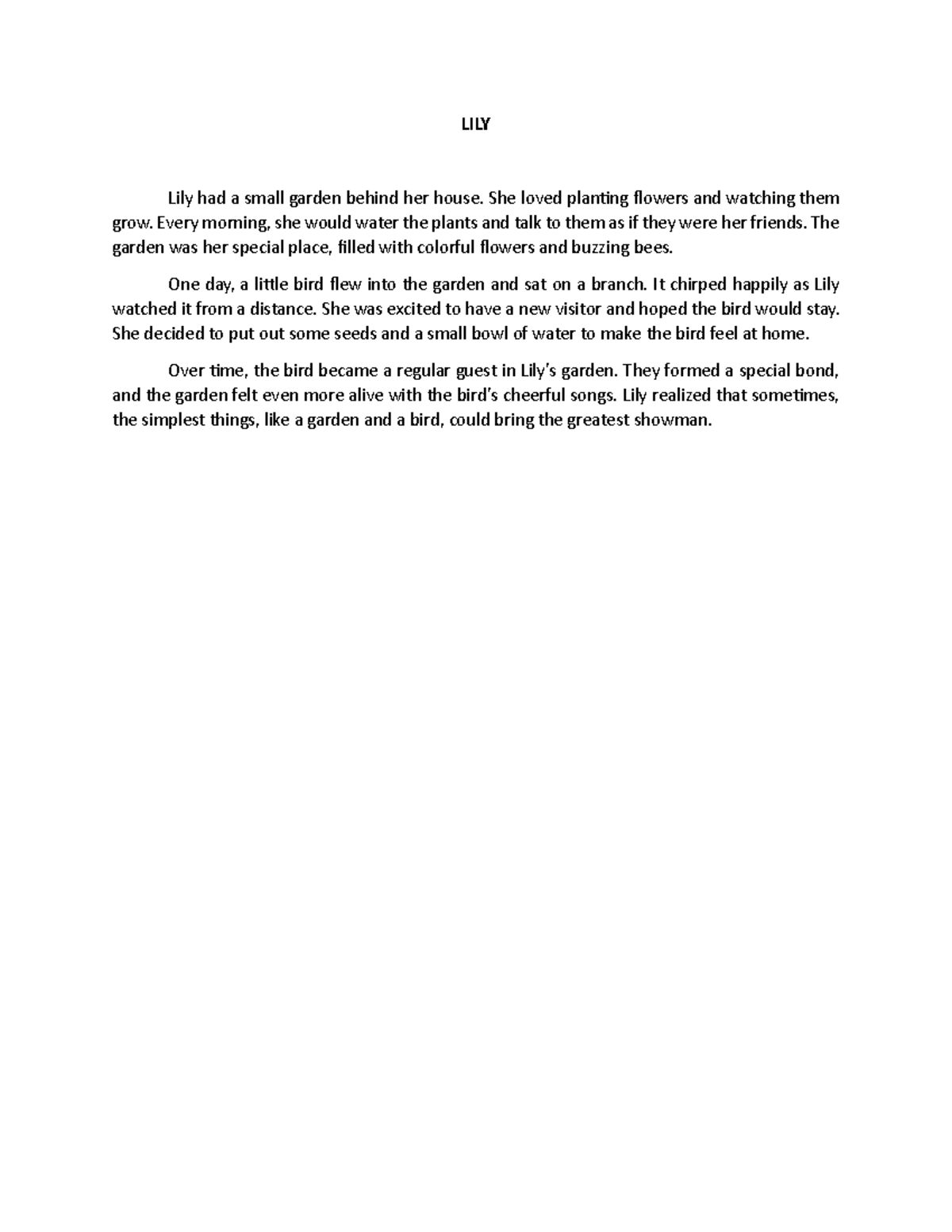 LILY - A Heartwarming Short Story of Friendship and Nature - Studocu