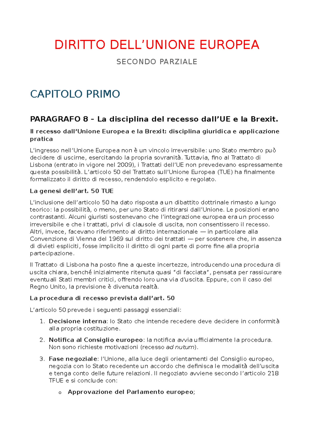 Riassunto per Secondo Parziale Diritto UE - CAP 1: Brexit e Recesso ...