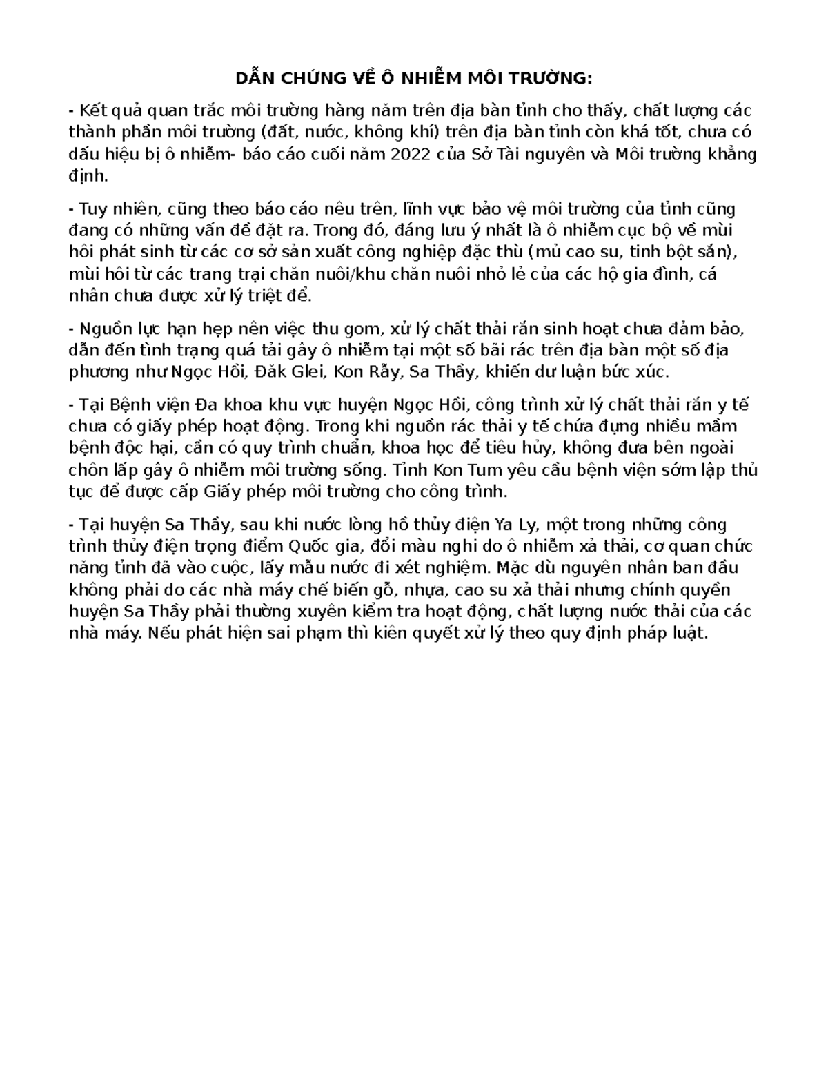 BÁO CÁO CUỐI NĂM 2022 VỀ Ô NHIỄM MÔI TRƯỜNG TẠI KON TUM - Studocu