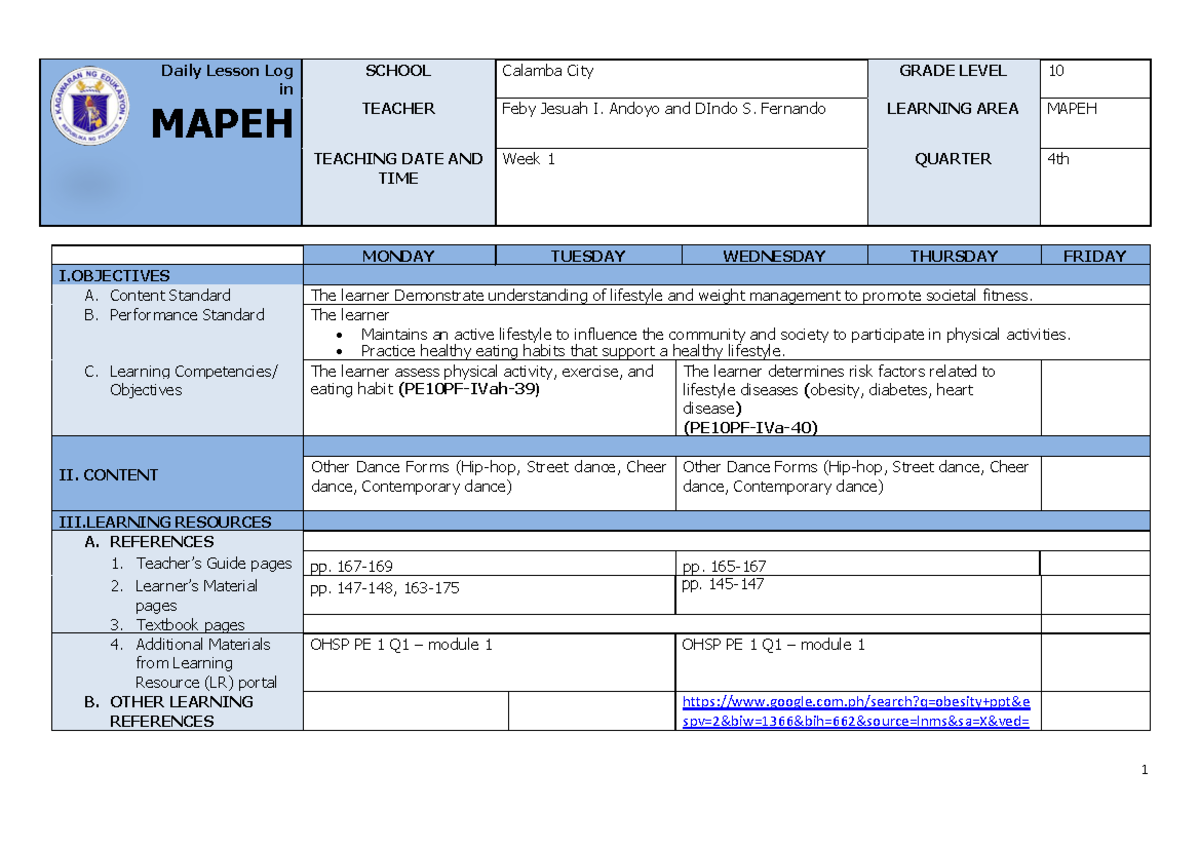 Daily Lesson Log for MAPEH Grade 10 - Week 1, Quarter 4 - Studocu