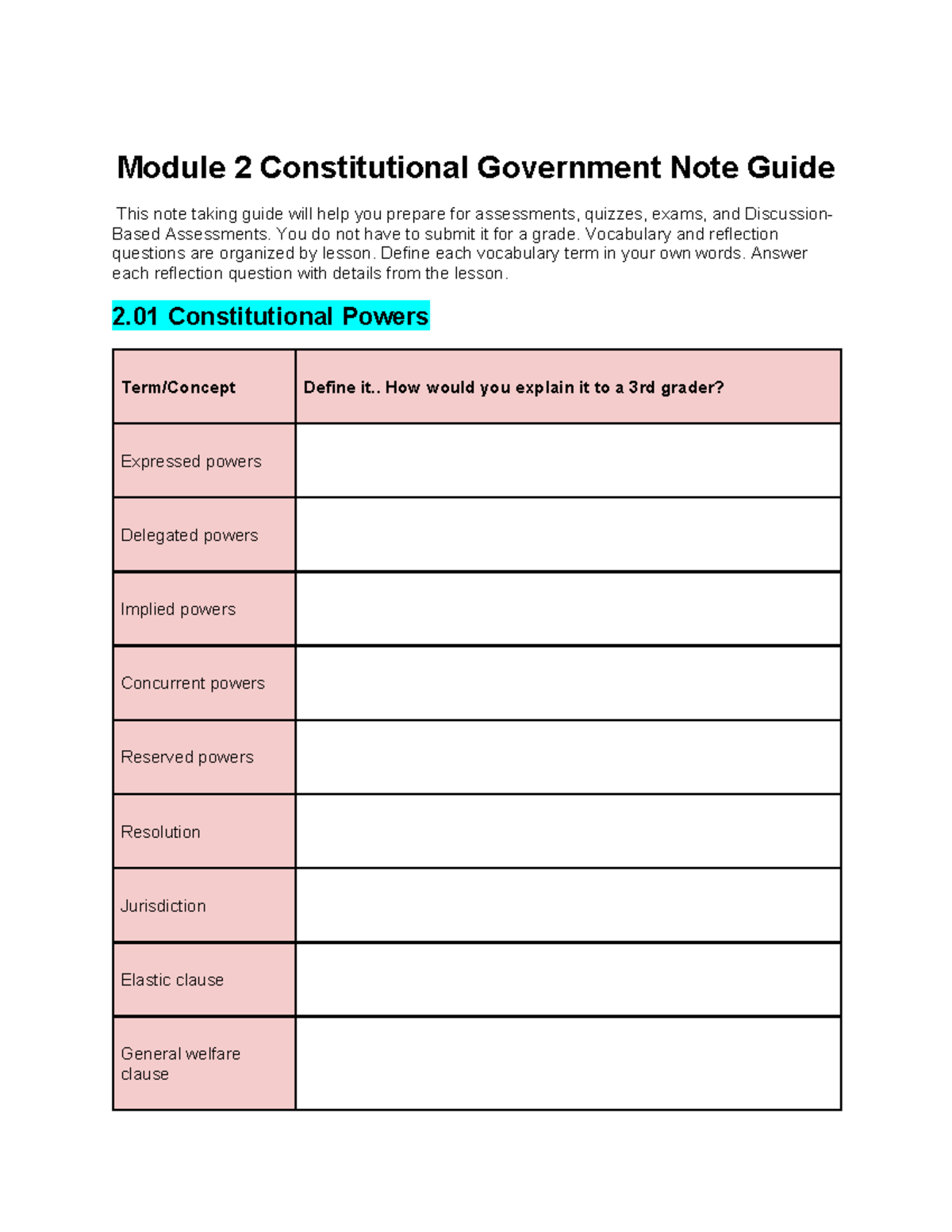 Module 2 Note Taking Guide: Constitutional Government US GOV V23 - Studocu