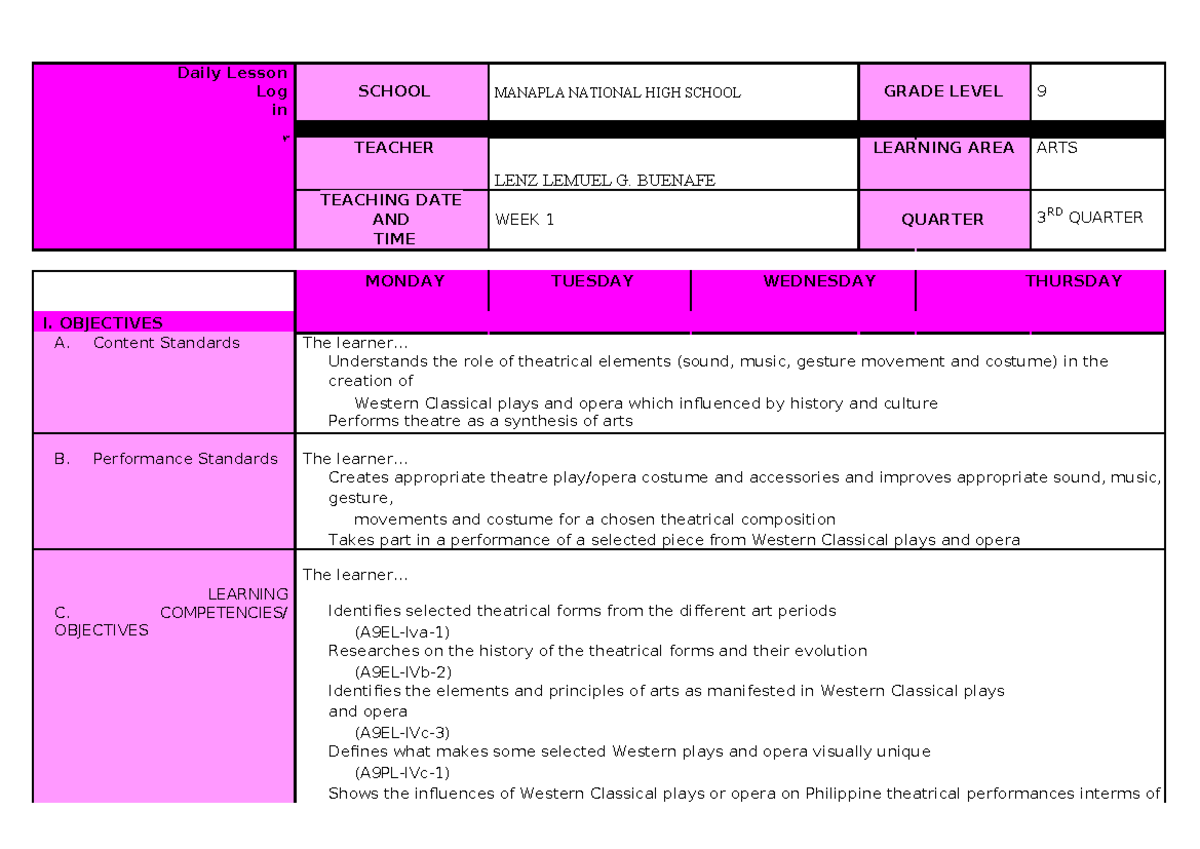 Q3-ARTS DLL WK1 - Daily Lesson Log for Grade 9 MAPEH - Studocu
