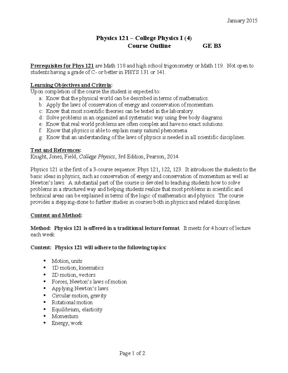 PHYS 121 College Physics I Course Outline and Learning Objectives - Studocu