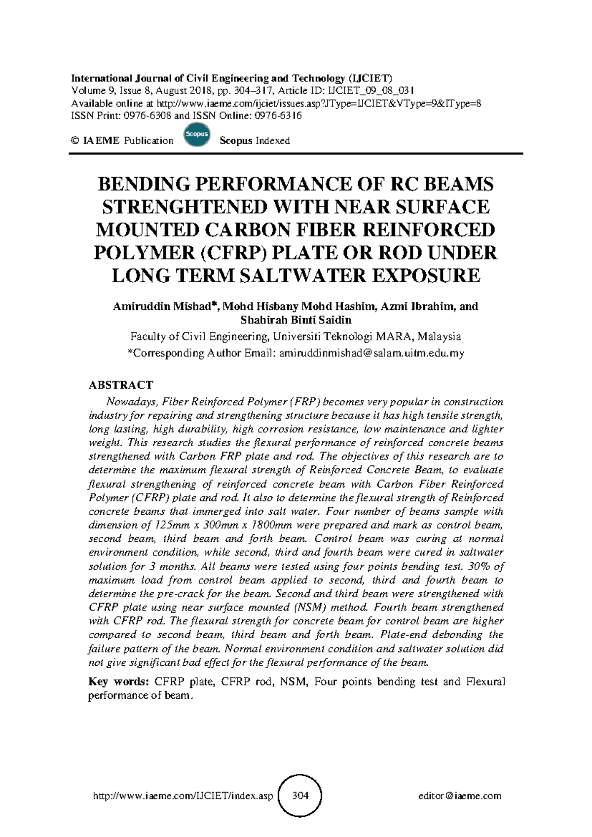 Bending Performance of RC Beams Strengthened with CFRP Under Saltwater ...
