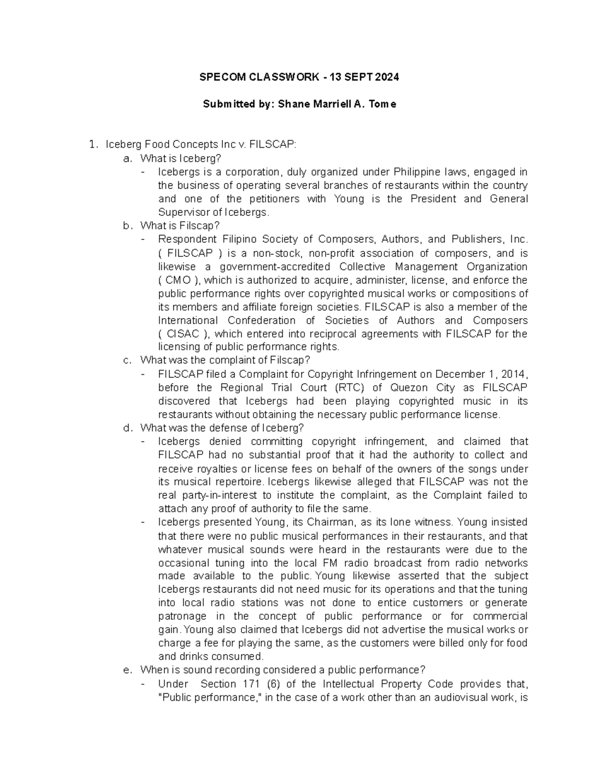 Specom classwork copyright 9 - SPECOM CLASSWORK - 13 SEPT 2024 Submitted by: Shane Marriell A ...