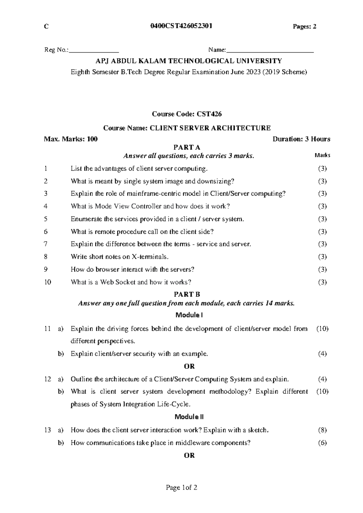 CST426 June 2023 Client Server Architecture Exam Question Paper - Studocu
