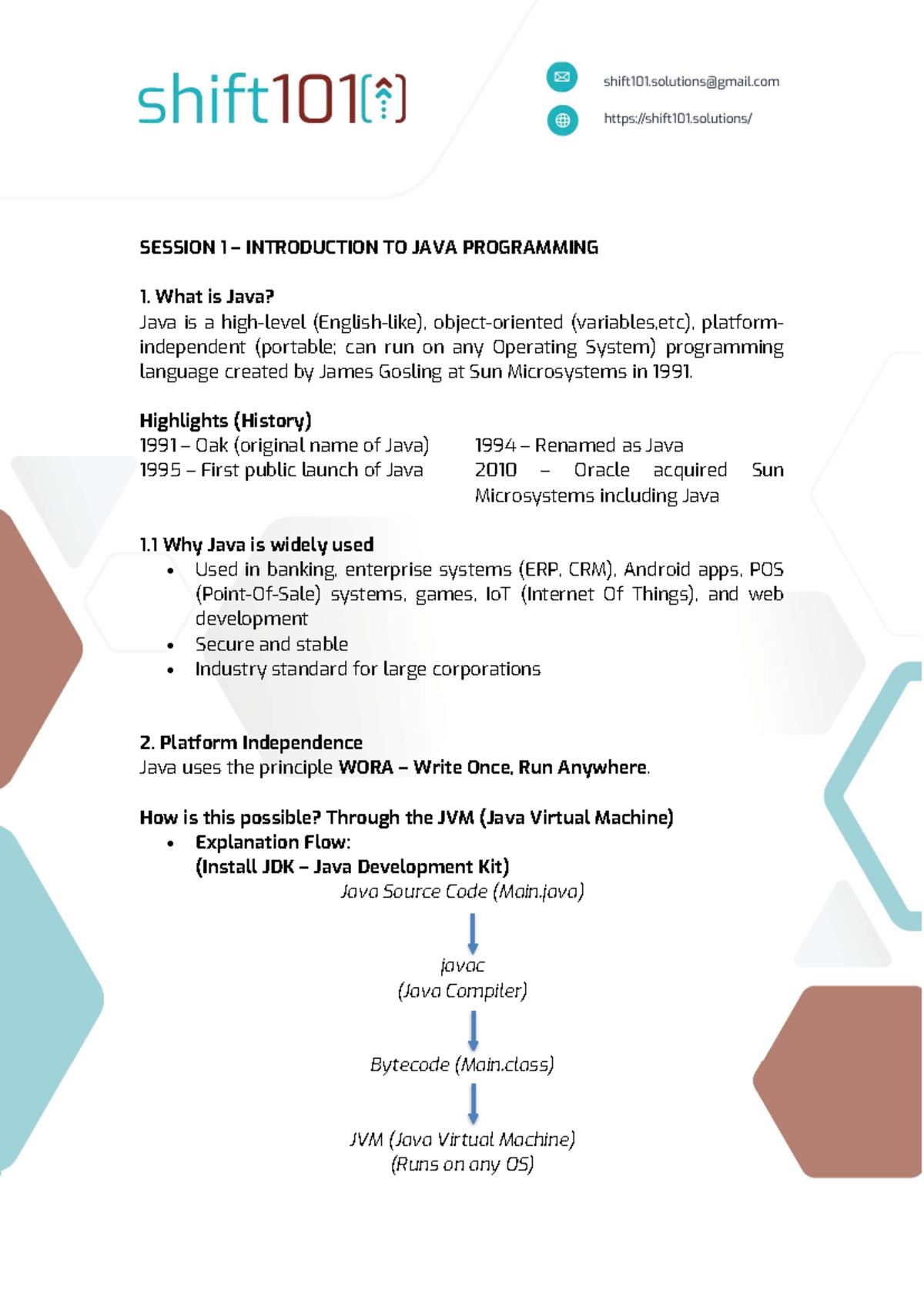 Session 1 Introduction To Java Programming Lecture Notes Studocu