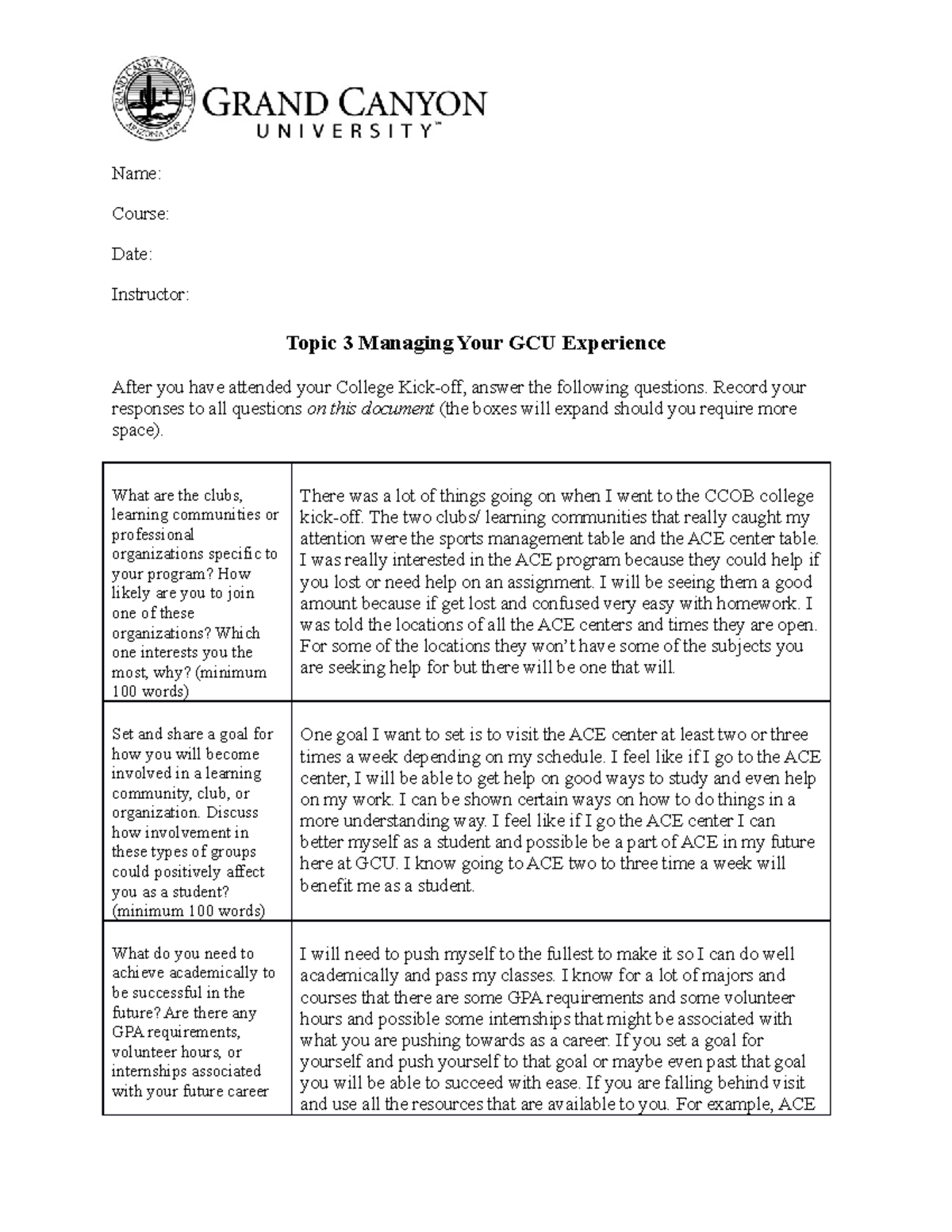 UNV-103 T3 Managing Your GCU Experience Reflection Essay - Studocu