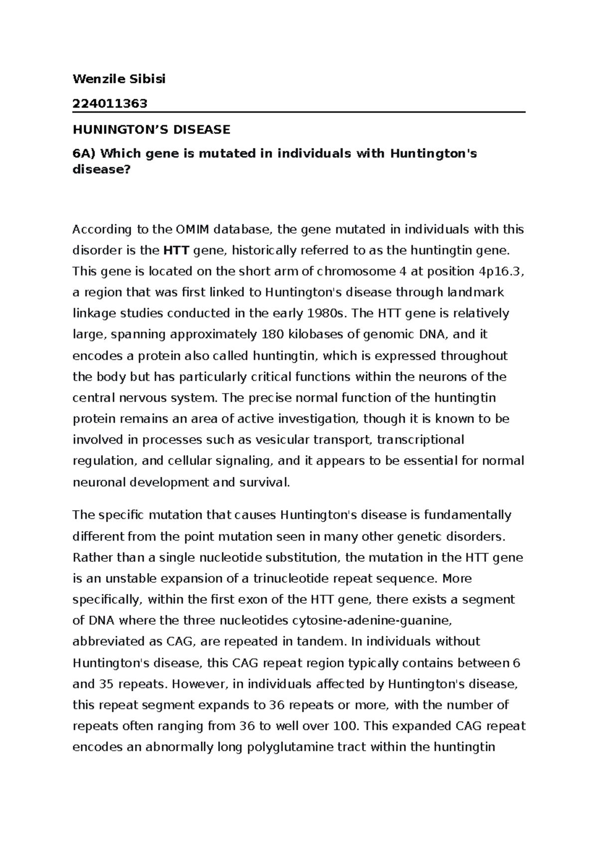 DISEASE 6A: Research on HTT Gene Mutation in Chromosomal Disorders ...