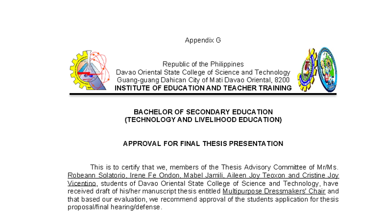 Appendix G - Approval for Final Thesis Presentation (BSED TLE) - Studocu