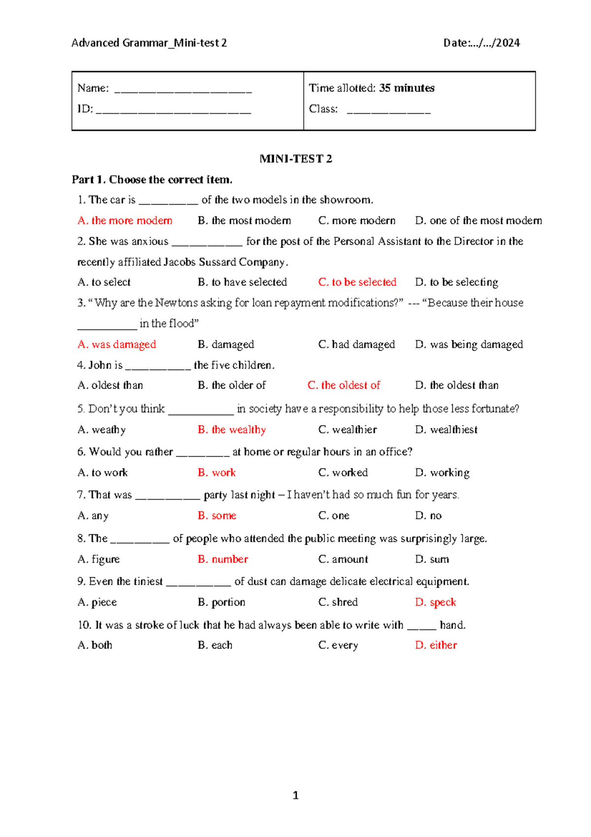 MNT 2 - English Mini-Test 2: Vocabulary and Sentence Structure - Studocu
