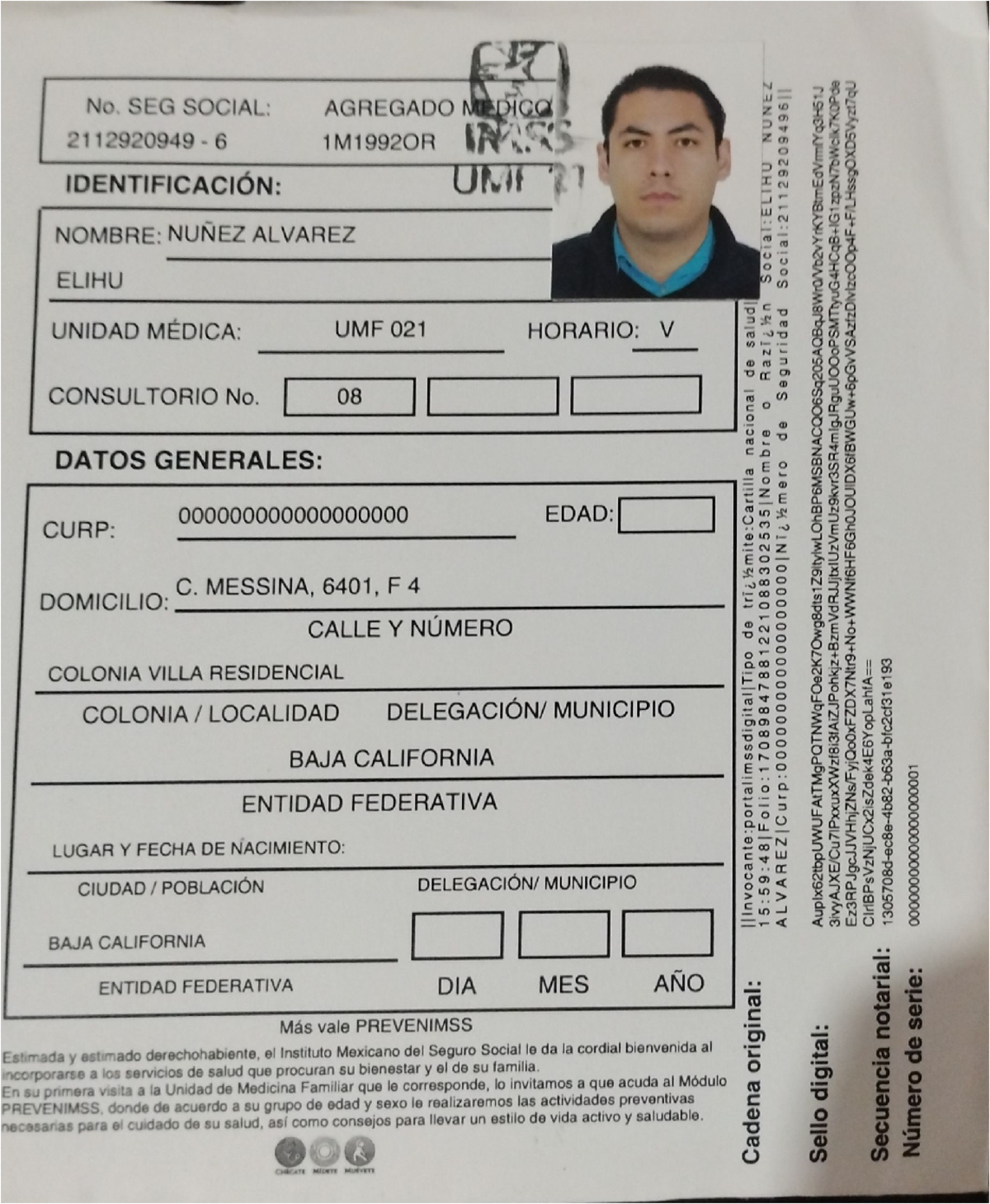 NSS Elihu - Ejemplo Carátula IMSS Tarjetón 2112920949 - Studocu
