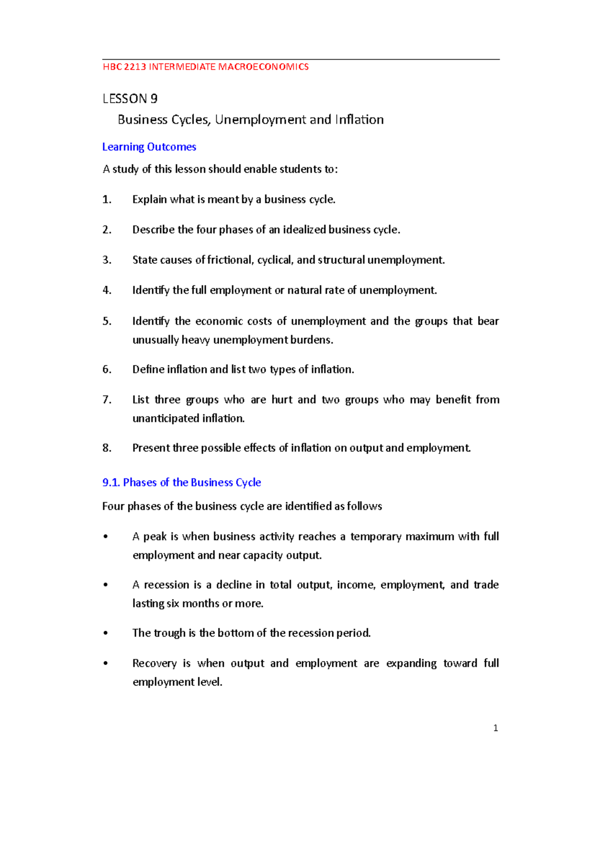 HBC2209 Lesson 9: Business Cycles, Unemployment, and Inflation Insights ...