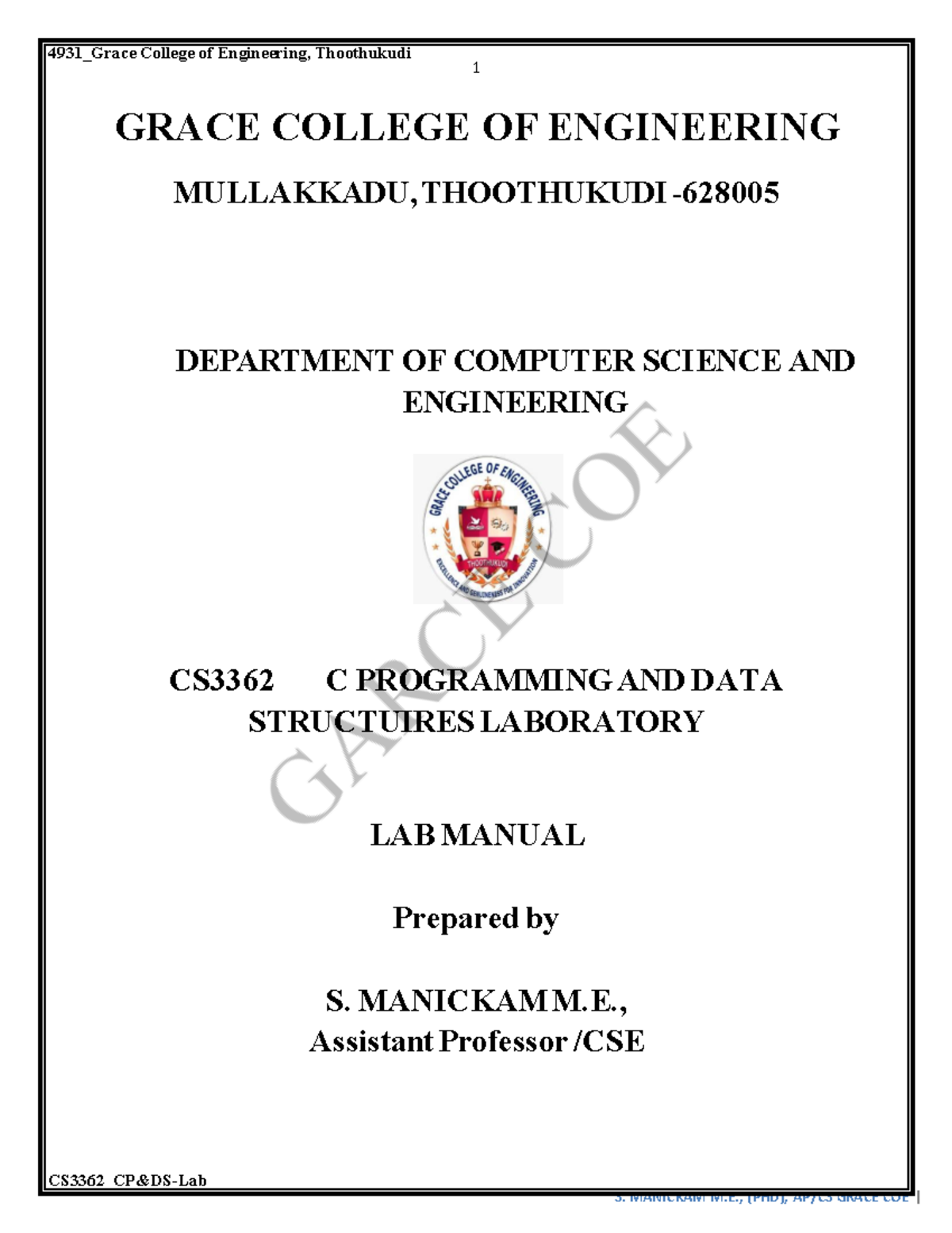 CS3362 C Programming & Data Structures Lab Manual - Grace College - Studocu