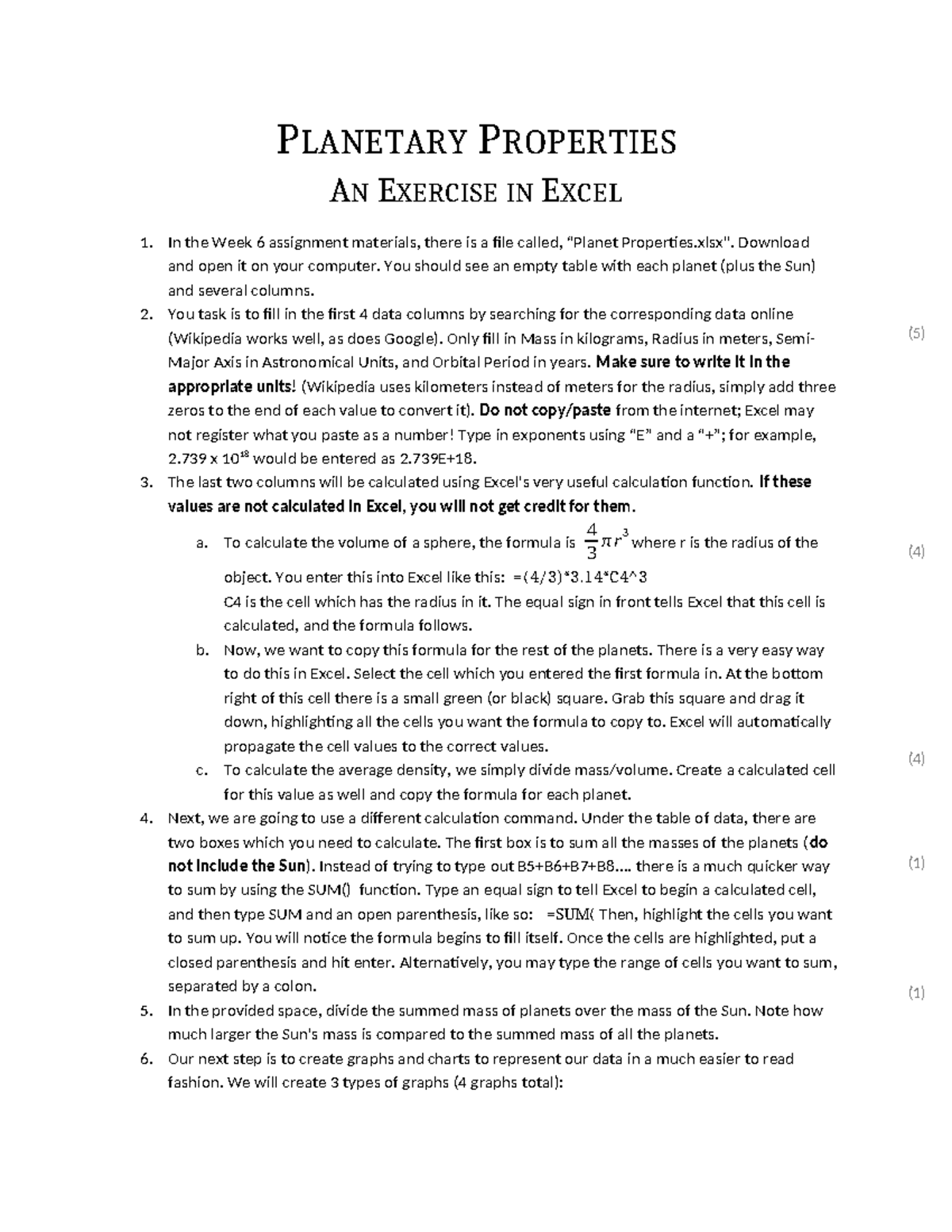 Excel Exercise: Planetary Properties Data Analysis (Course Code: PP101 ...