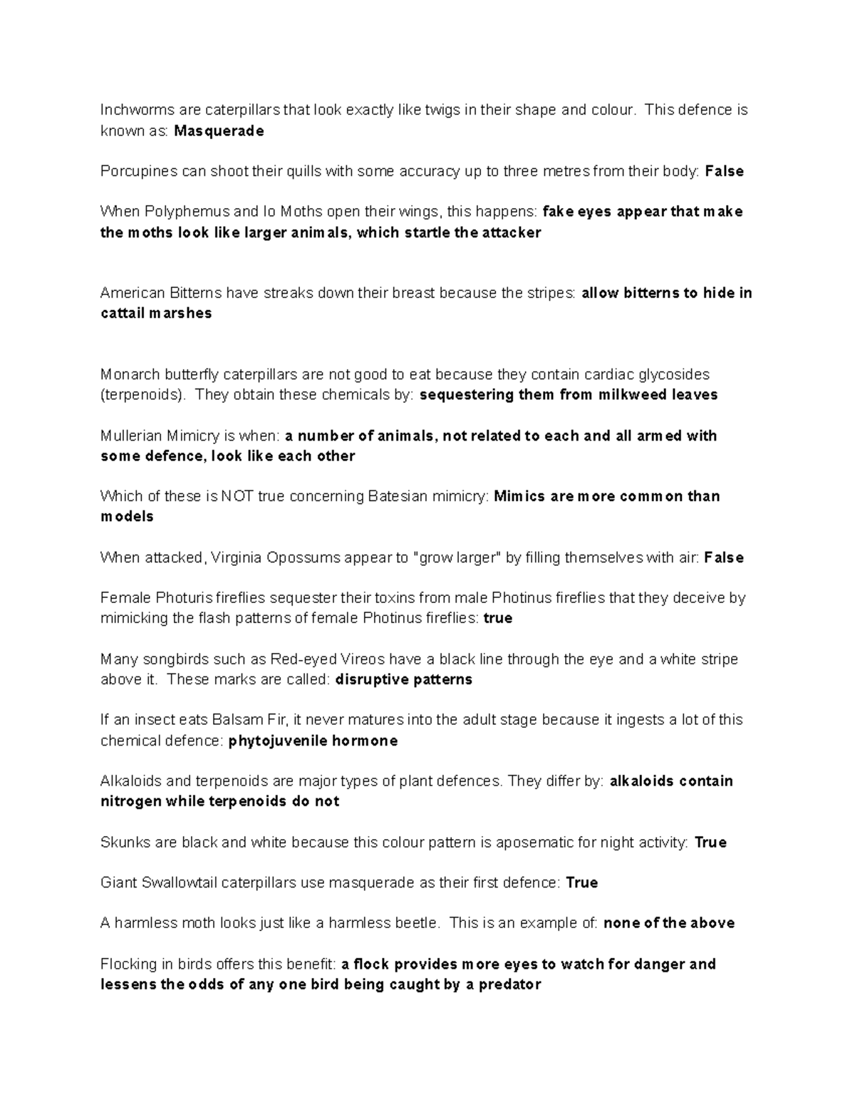 BIO 101 Quiz Answers: Insect Defense Mechanisms & Animal Adaptations ...