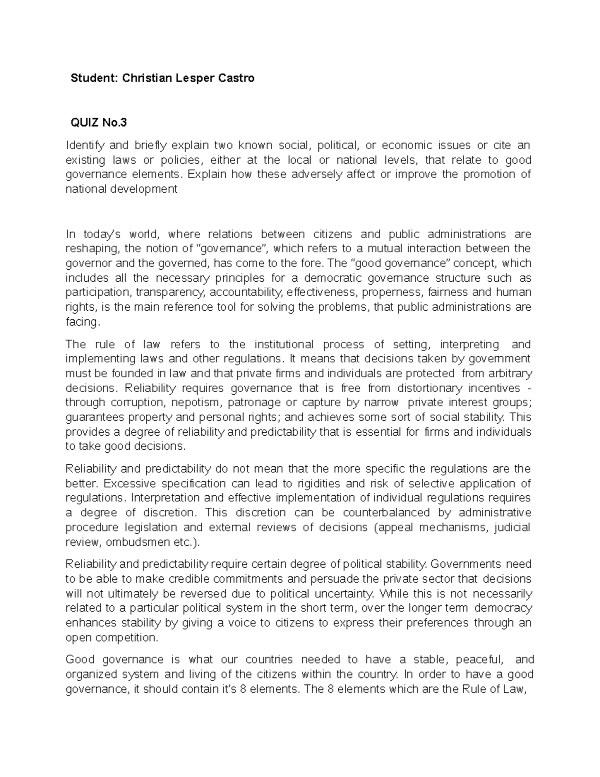 Bsbamm 1-2 Quiz 3: Social & Economic Issues in Good Governance - Studocu