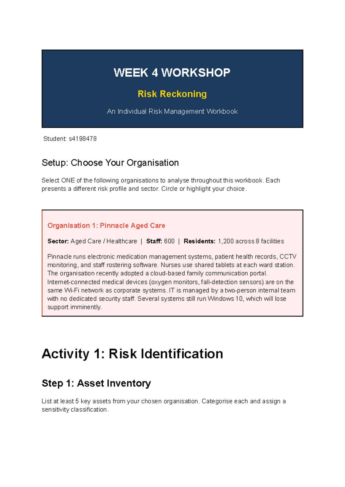 W4 Workshop: Risk Management Workbook for Cybersecurity (Assignment 4 ...