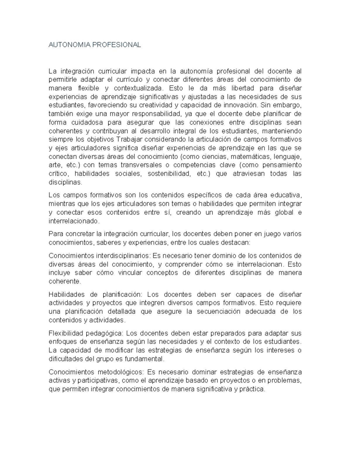 Integración Curricular y Autonomía Profesional en Docentes - Studocu