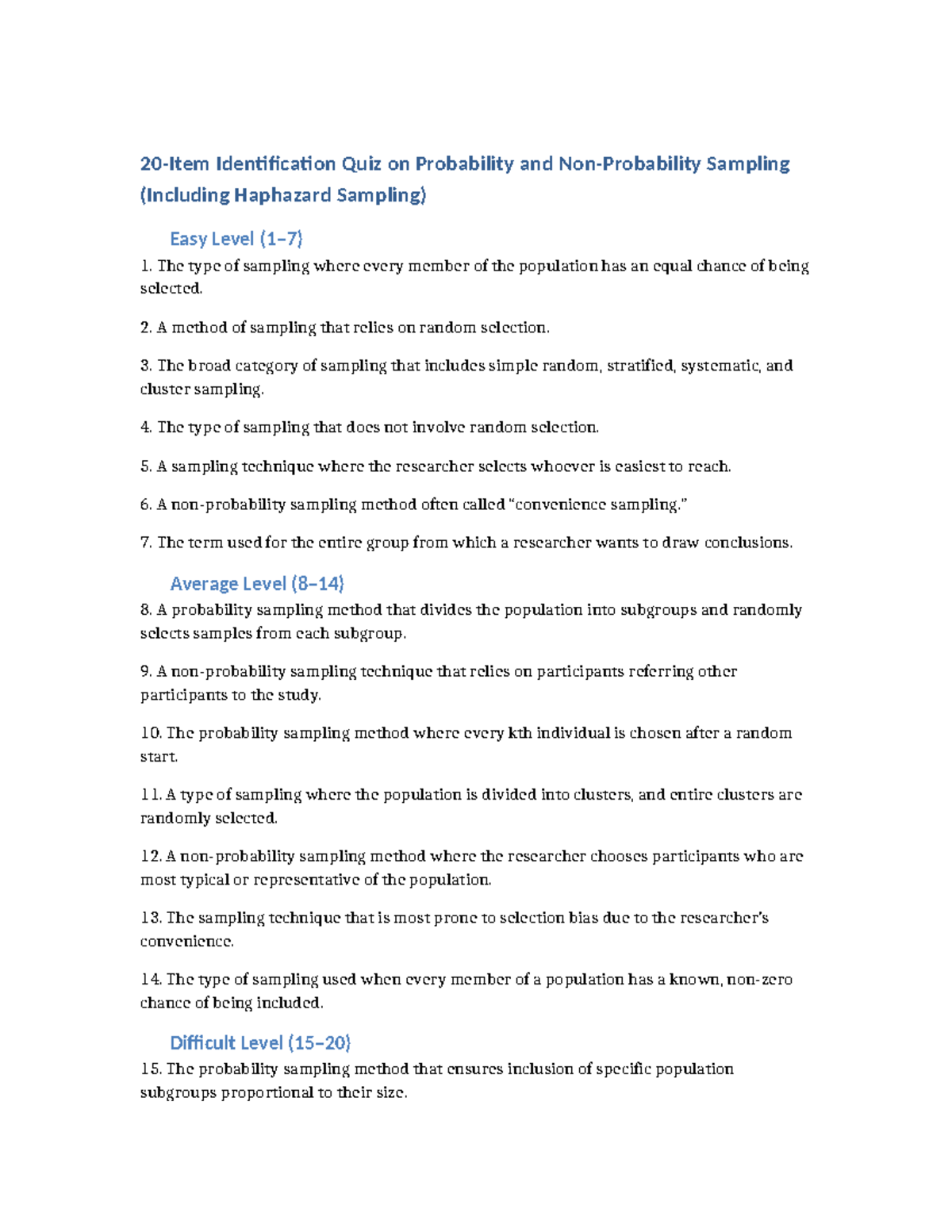 Probability Sampling Quiz (Identification Quiz) - Easy Level 1 - Studocu