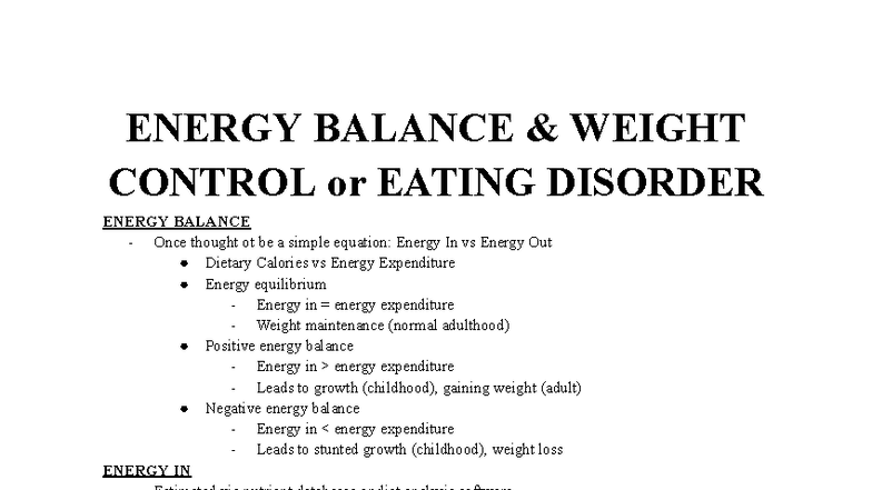 Human Nutrition: Energy Balance, Weight Control & Eating Disorders ...