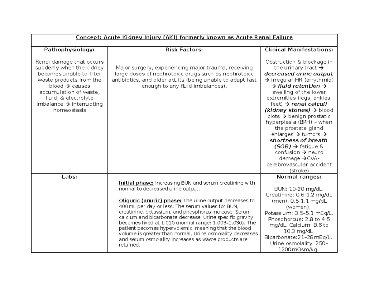 Acute Kidney Injury (AKI) Concept Map: Overview and Nursing Care - Studocu