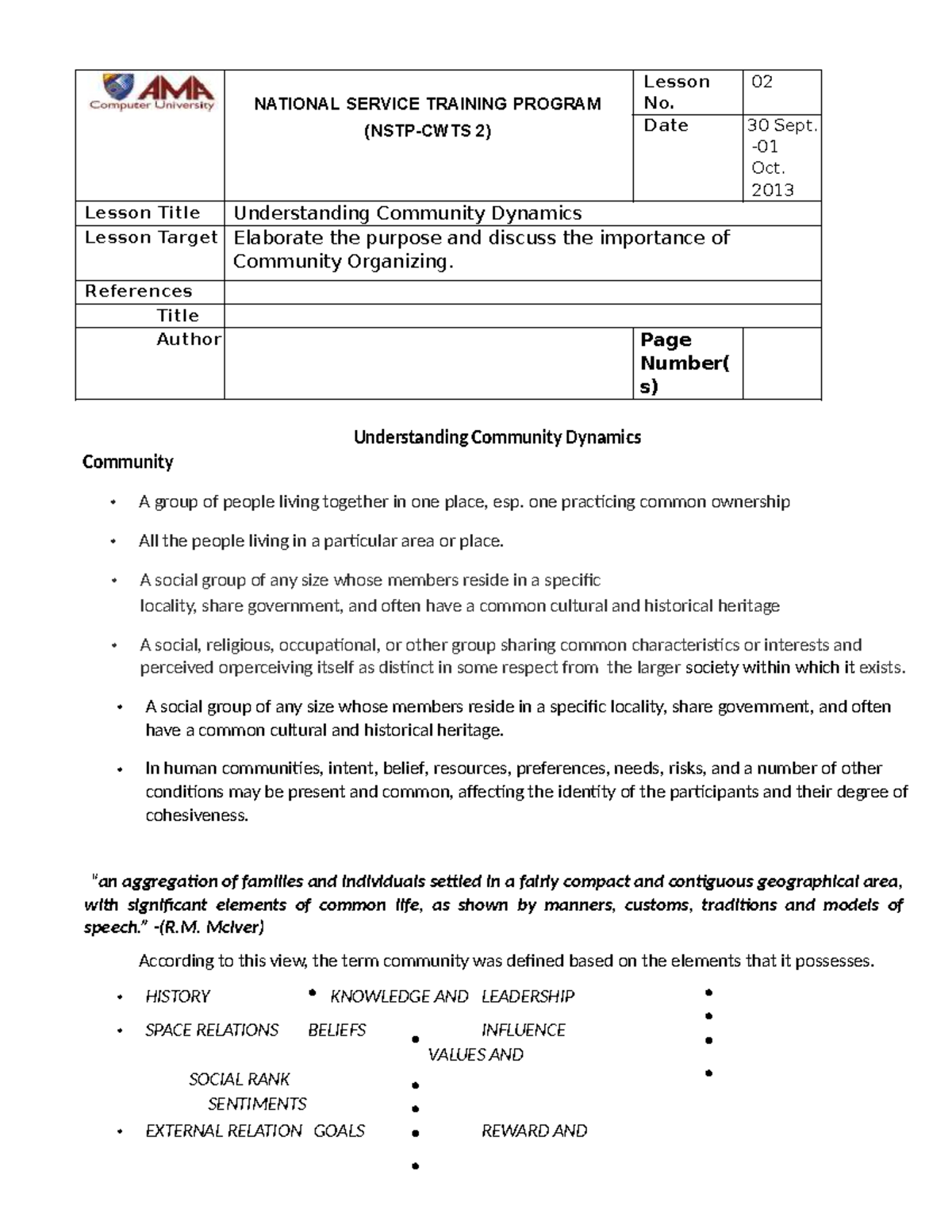 NSTP-CWTS 2 Lesson 02: Understanding Community Dynamics - Studocu