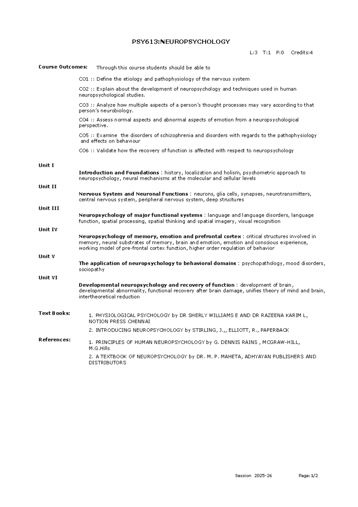 PSY613: Neuropsychology Course Outcomes and Syllabus Overview - Studocu