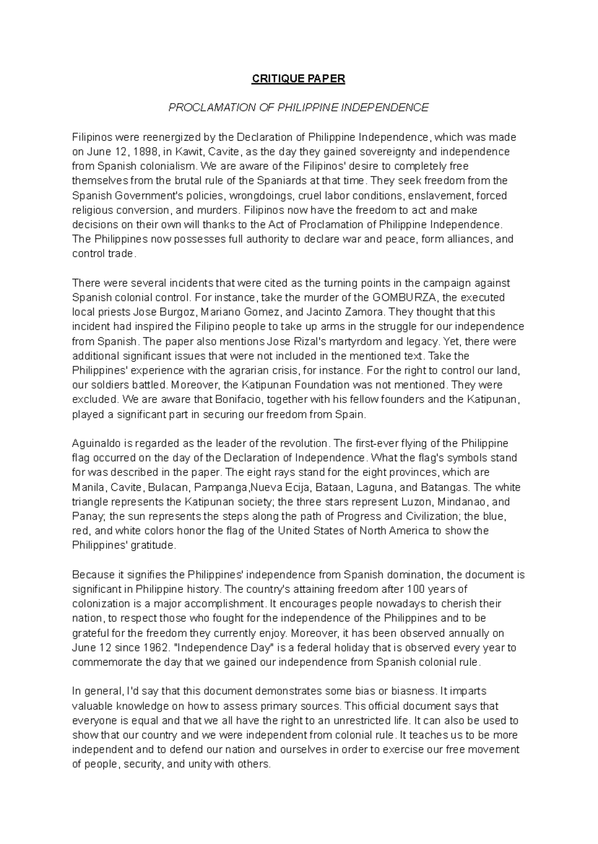 Rph - Critique paper - CRITIQUE PAPER PROCLAMATION OF PHILIPPINE ...