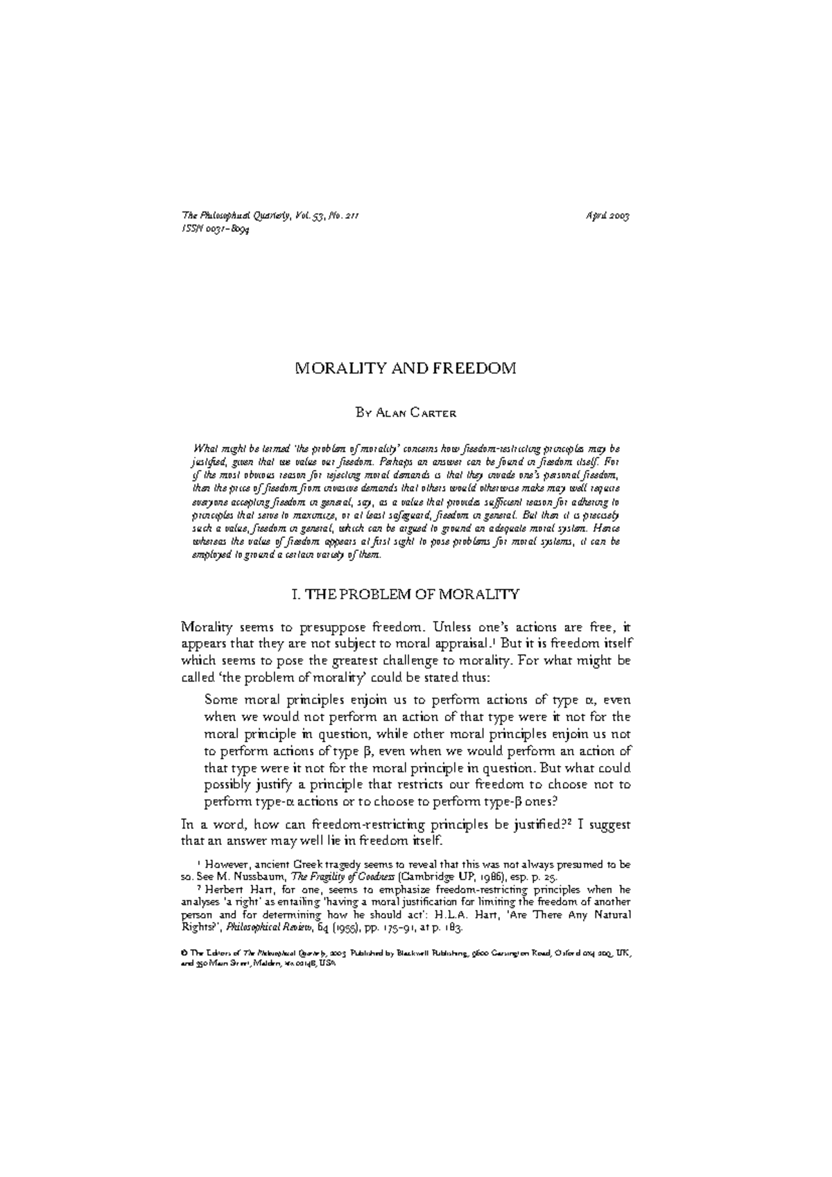 Morality and Freedom: Exploring Alan Carter's Ethical Dilemma - Studocu