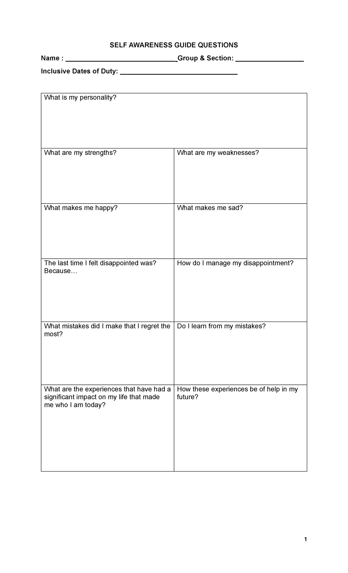 SELF AWARENESS GUIDE QUESTIONS: Exploring Personality & Growth - Studocu