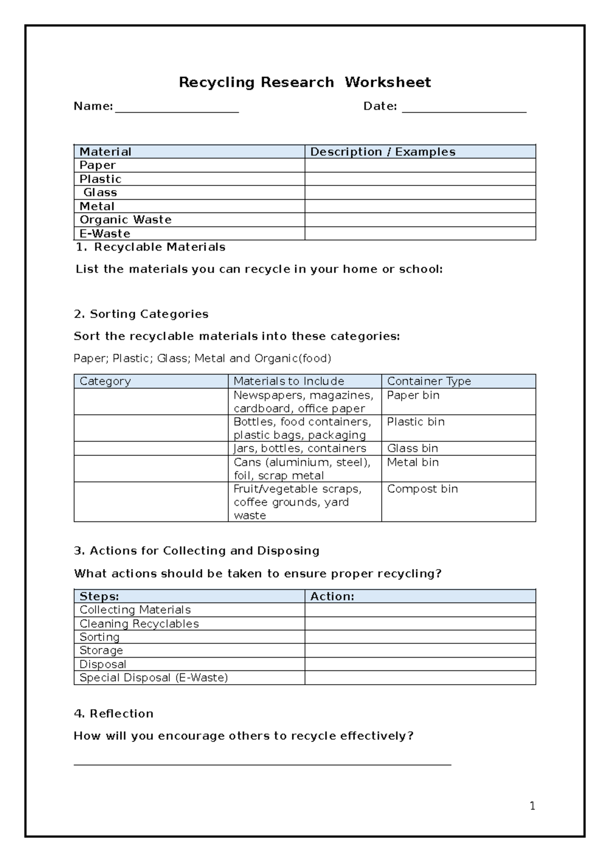 Recycling Research Worksheet: Materials & Categories Guide - Studocu