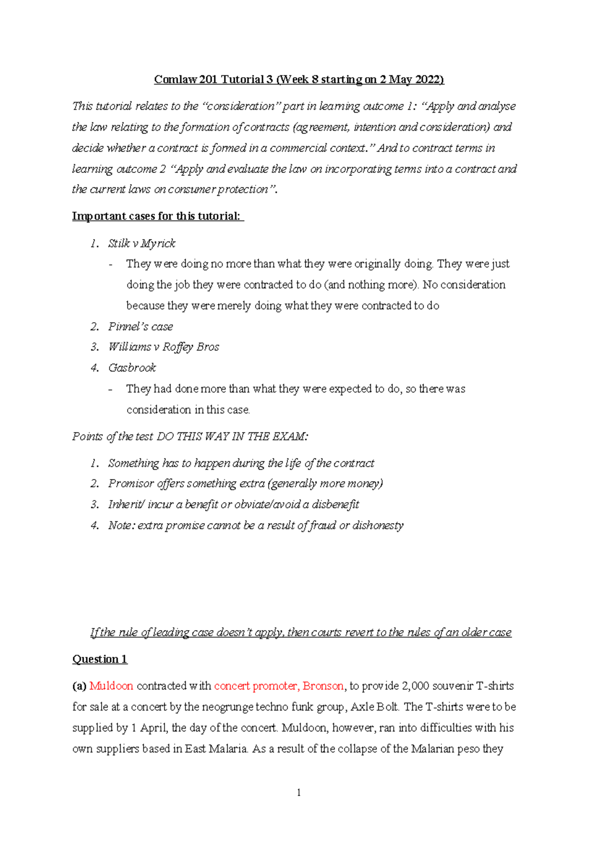 Comlaw 201 Tutorial 3: Contract Formation & Key Case Analyses - Studocu