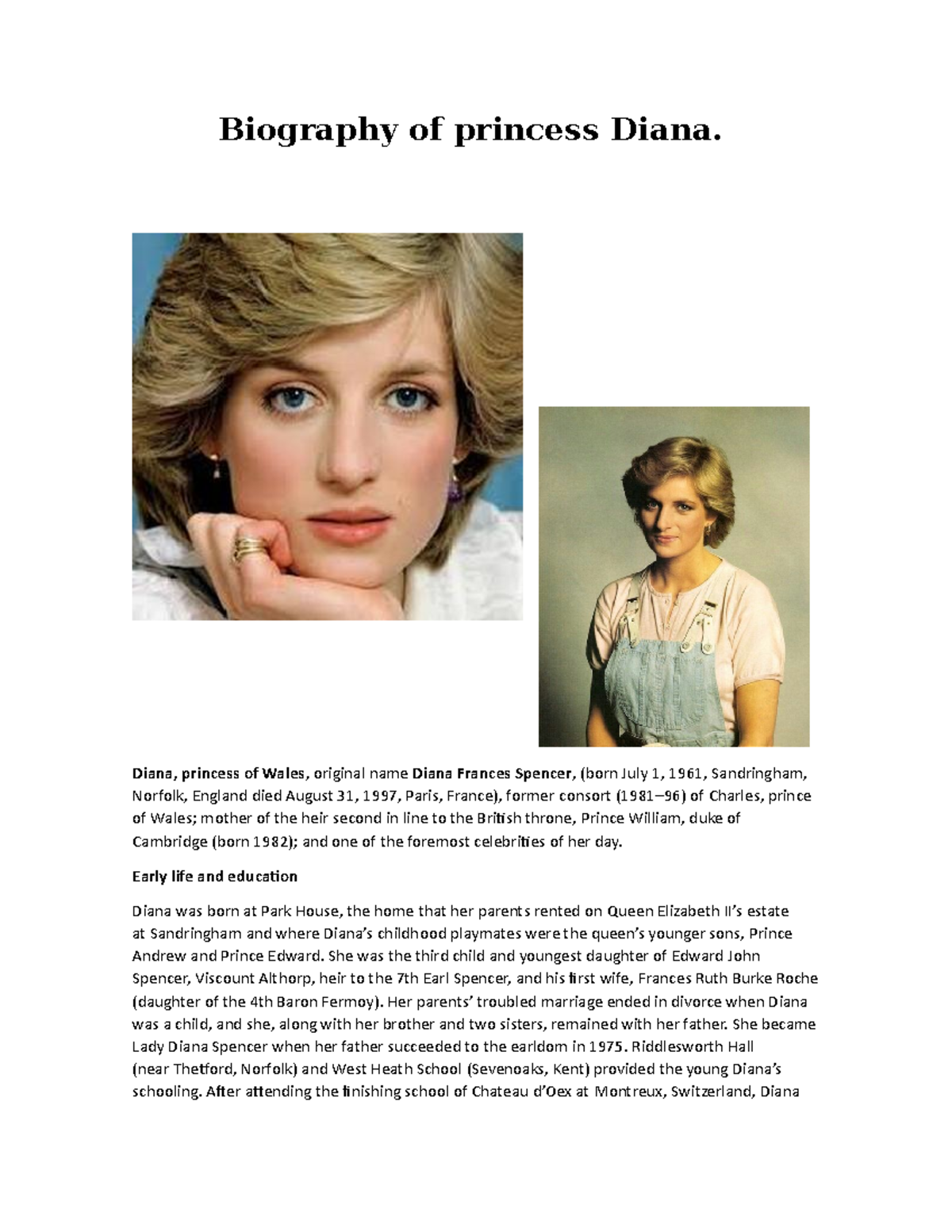 Biography of princess Diana - Diana, princess of Wales, original name ...