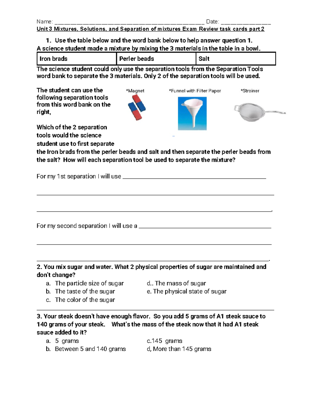Unit 3 Mixtures, Solutions, and Separation Exam Review Task Cards Part ...