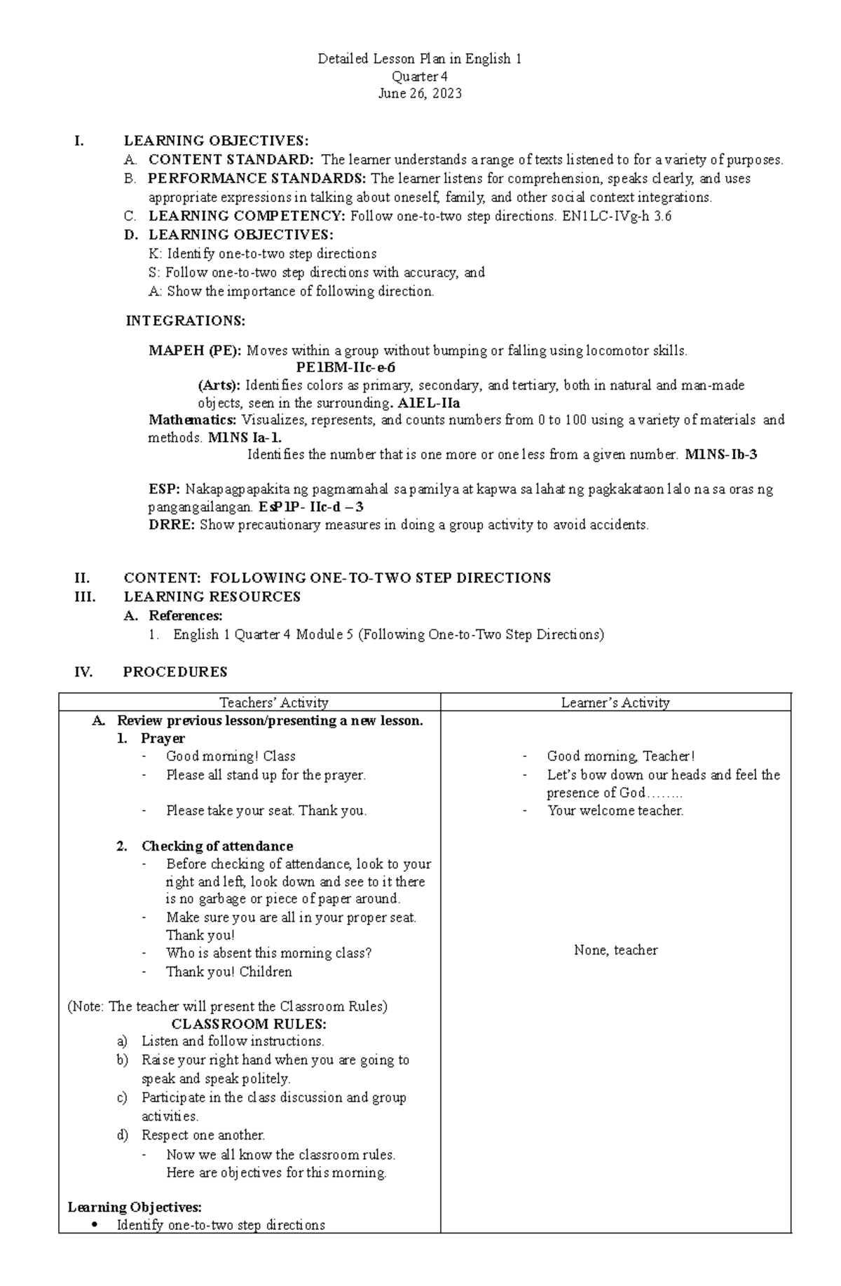 Detailed Lesson Plan: Following One-to-Two Step Directions EN1 4th ...