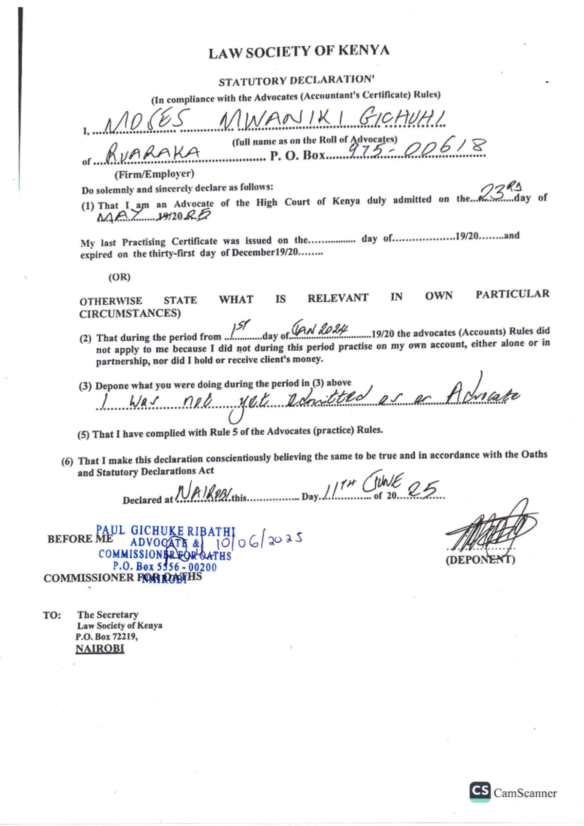 LAW SOCIETY OF KENYA STATUTORY DECLARATION - MOSES 2025 - Studocu