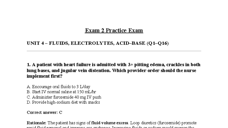 Exam 2 Practice Exam - UNIT 4: Fluids & Electrolytes Review - Studocu